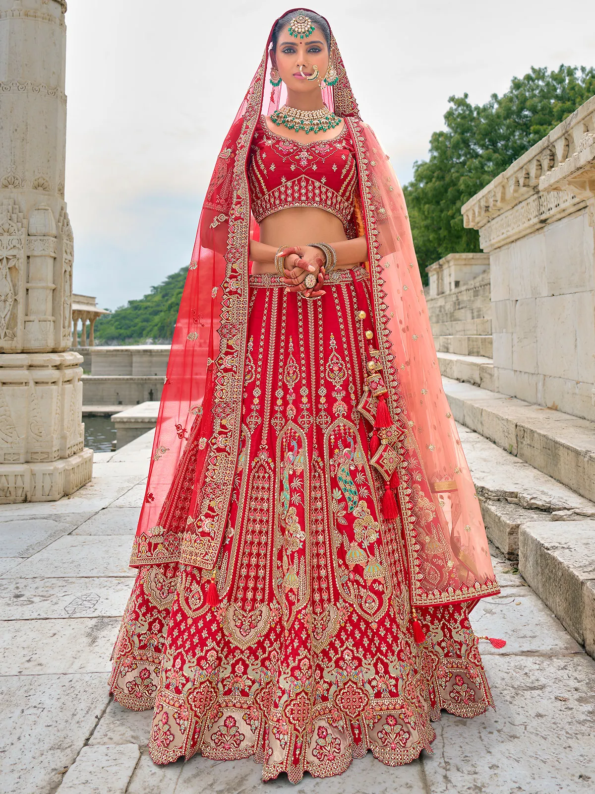 Exclusive red silk unstitched lehenga choli for...
