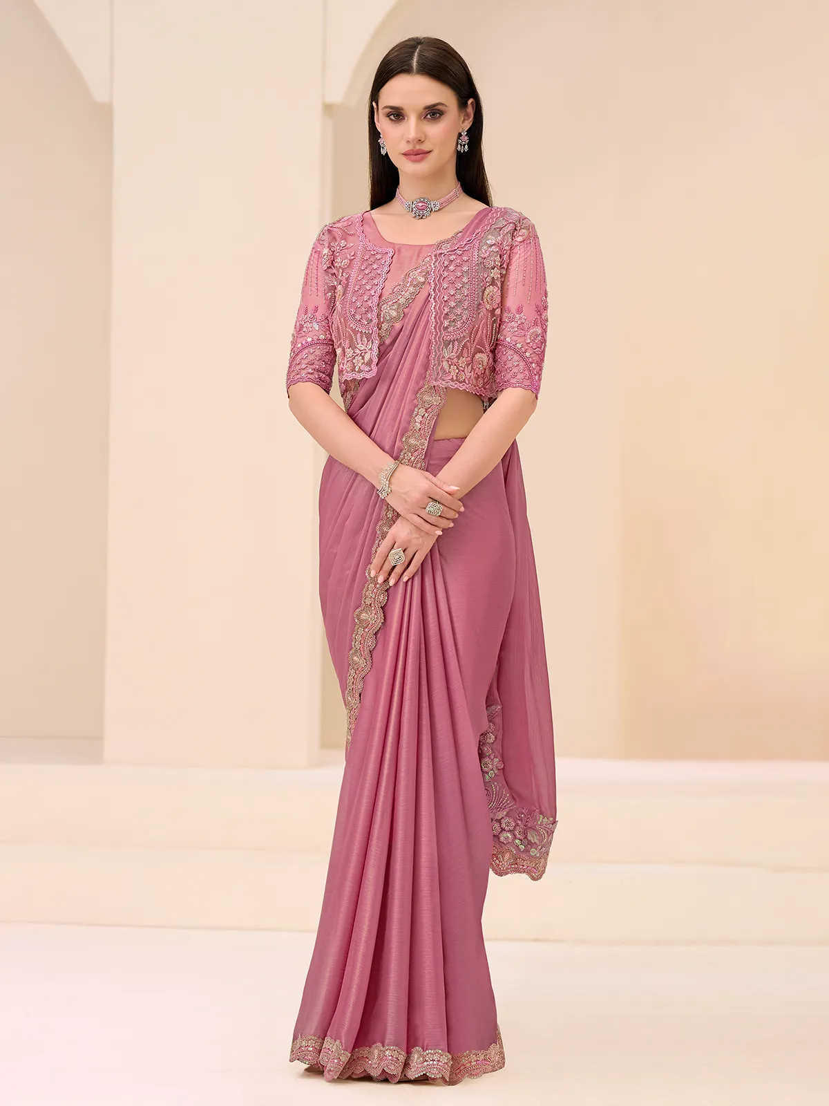 Onion pink festive wear satin saree-G3-WSA62586