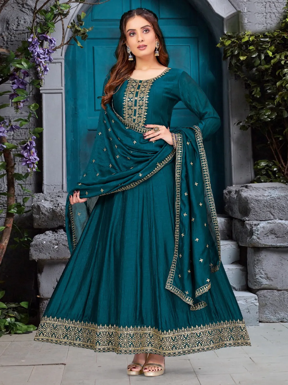 Beautiful rama blue anarkali suit in silk-G3-WSS42314 | United States