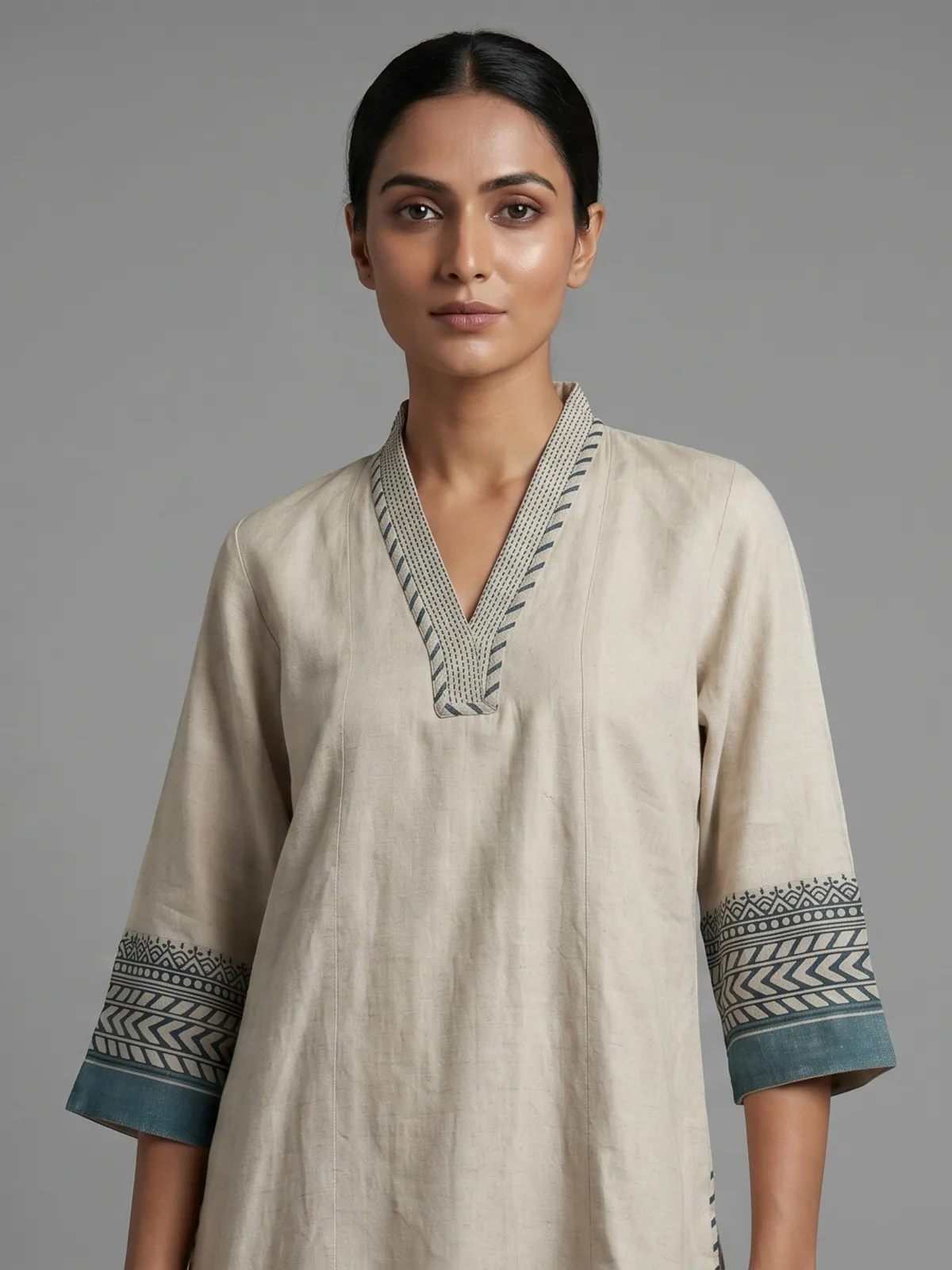 Beige cotton linen straight cut kurti set-G3-WKS1394 | United States