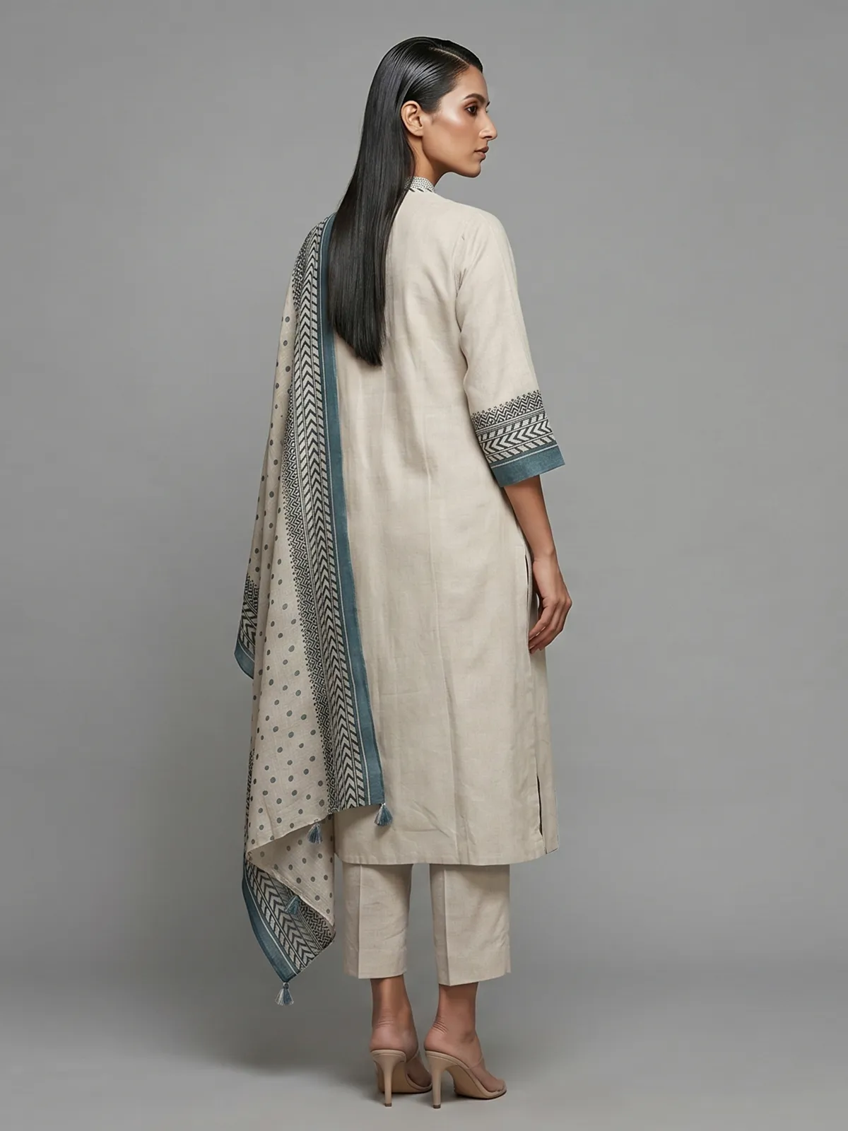 Beige cotton linen straight cut kurti set-G3-WKS1394 | United States