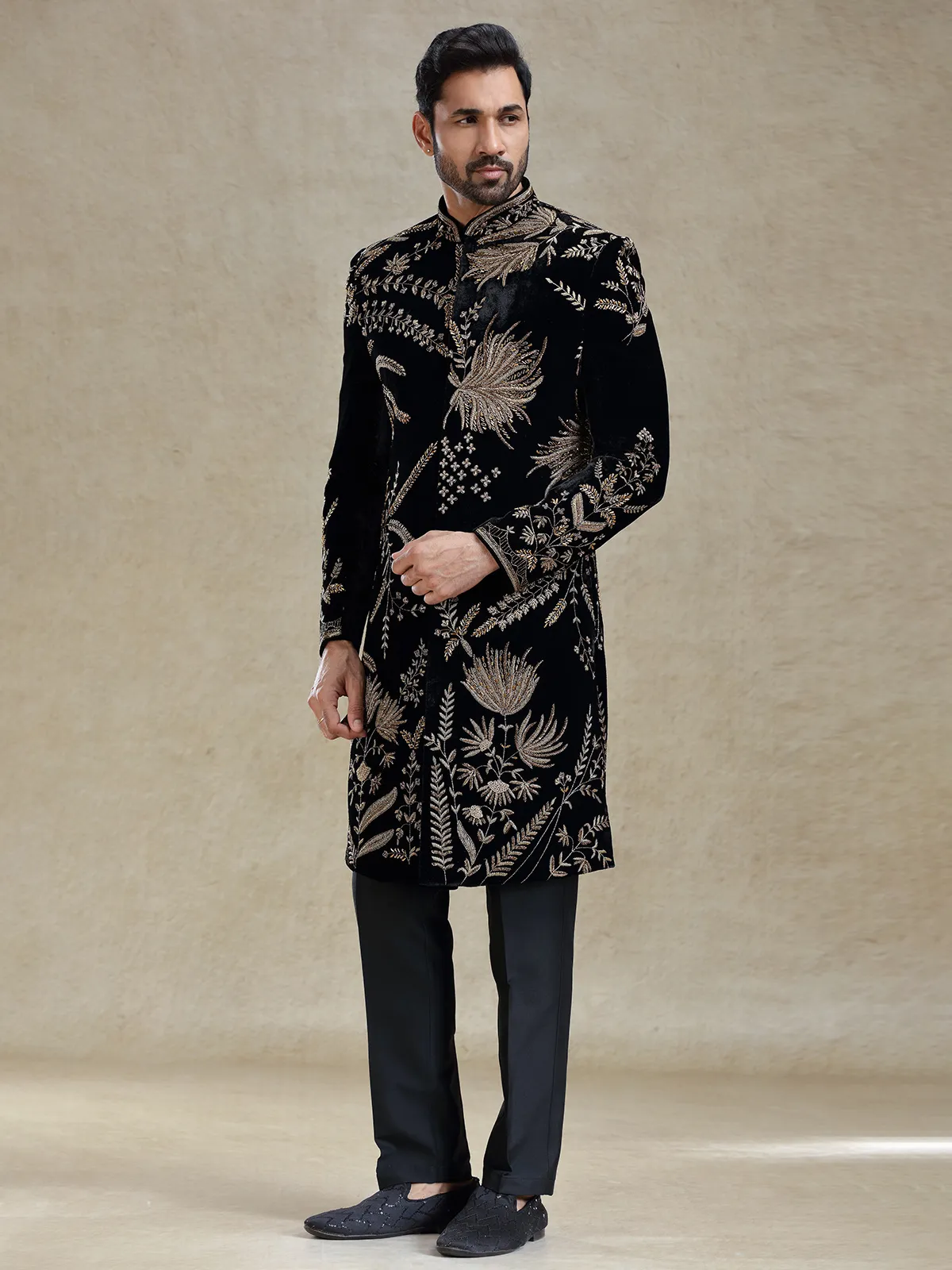 Black golden zardosi worked velvet long sherwani for men-G3-MSH8250