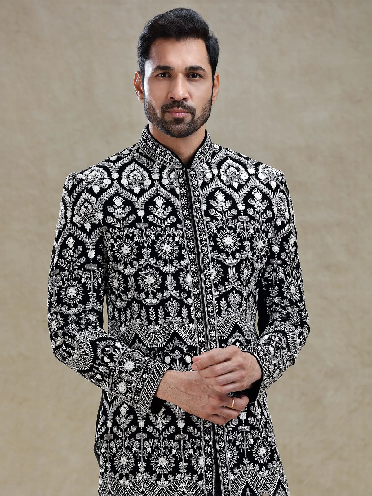 Black rich worked velvet long sherwani for men-G3-MSH8251