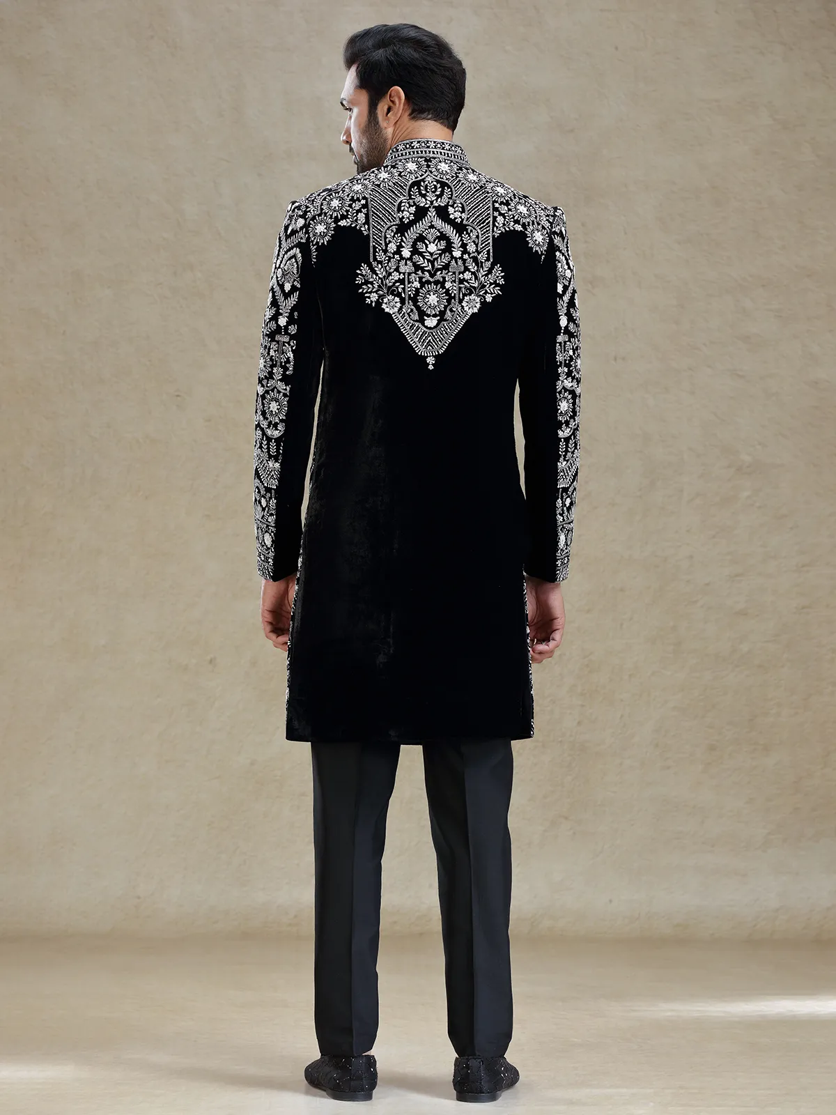 Black rich worked velvet long sherwani for men-G3-MSH8251