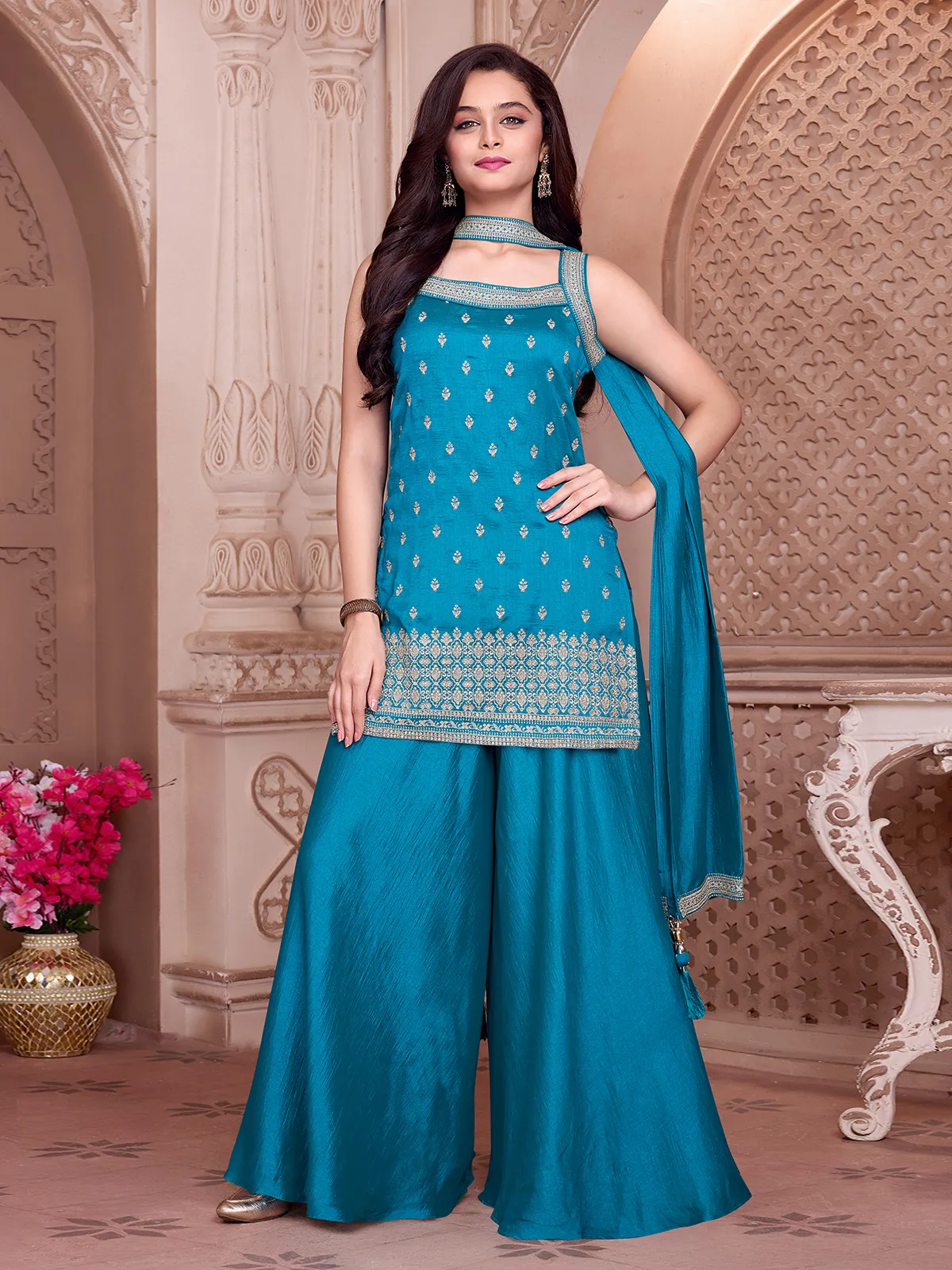 Blue crepe silk zardosi embellished palazzo set with...