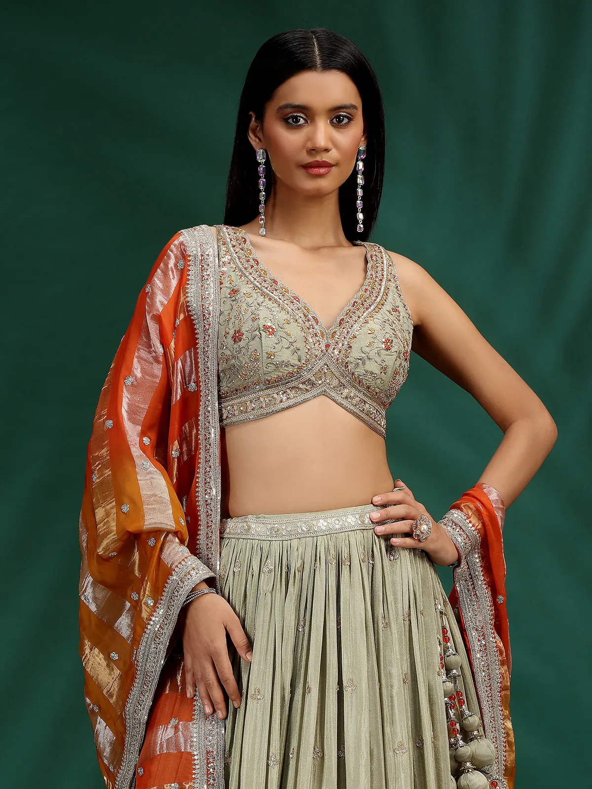 Dusty green wedding wear silk lehenga choli with orange...