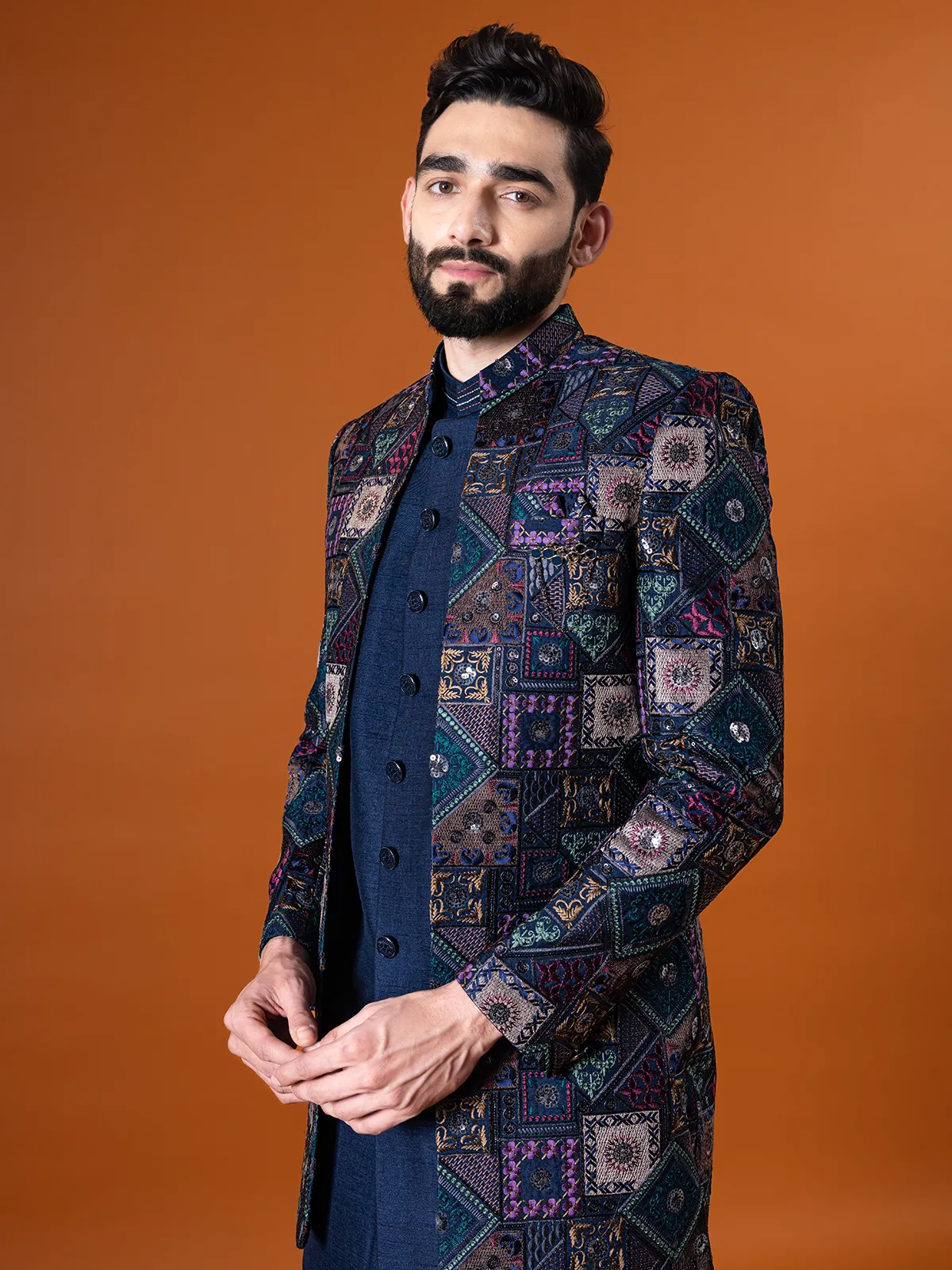 Lavish navy raw silk indo western for men-G3-MIW8314