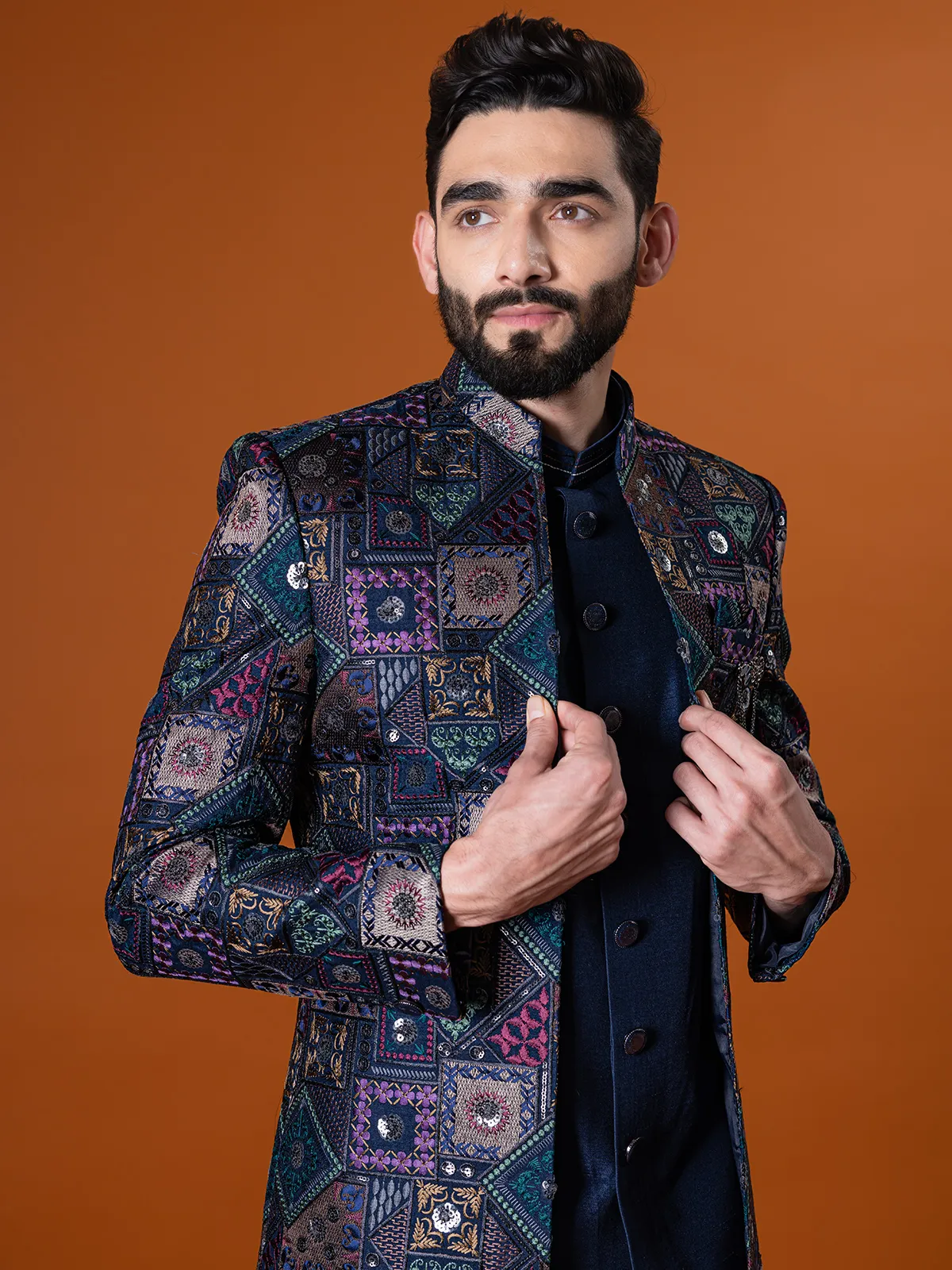 Lavish navy raw silk indo western for men-G3-MIW8314