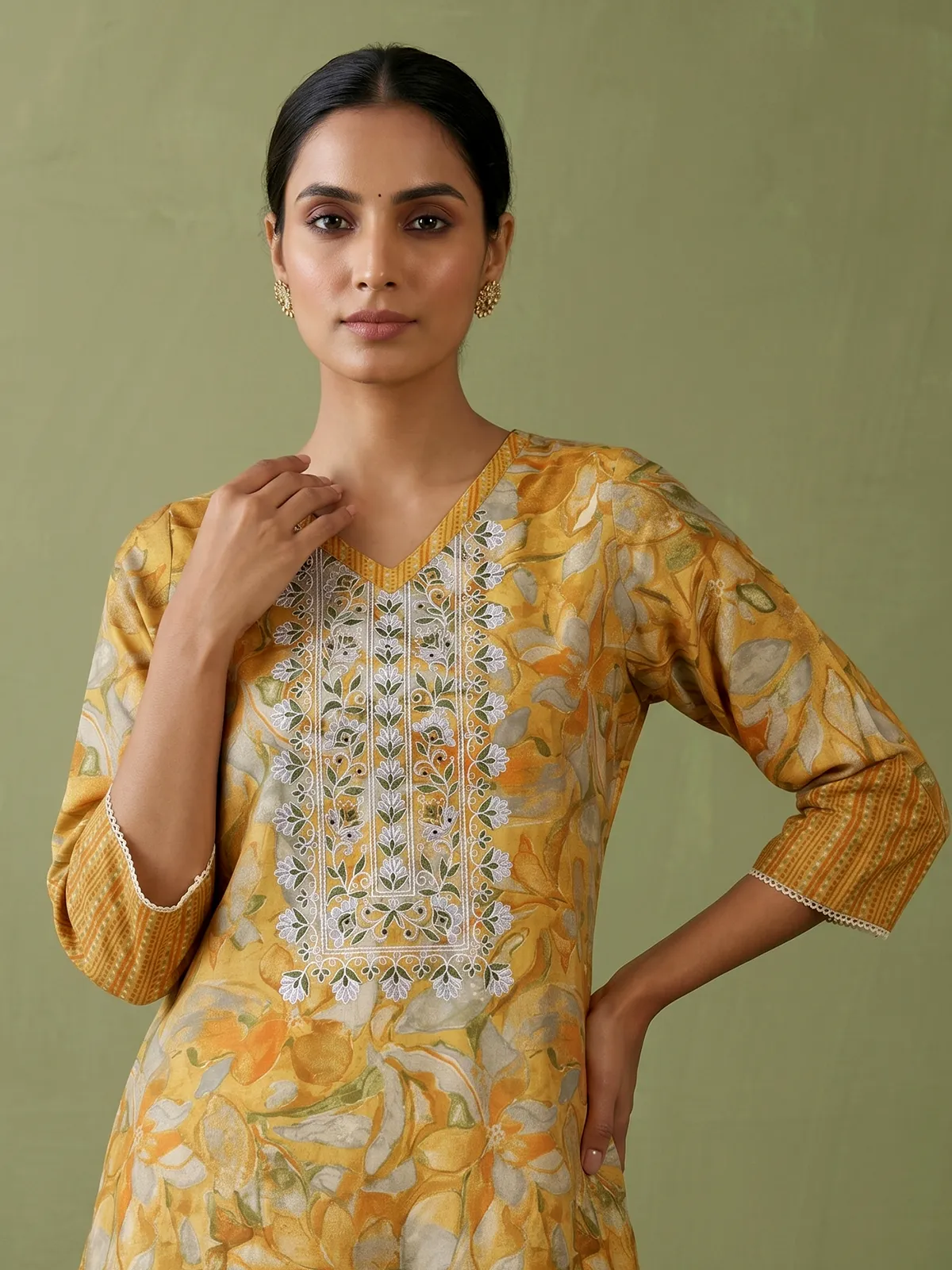 Mustard yellow floral printed cotton blend kurti set-G3-WKS1512