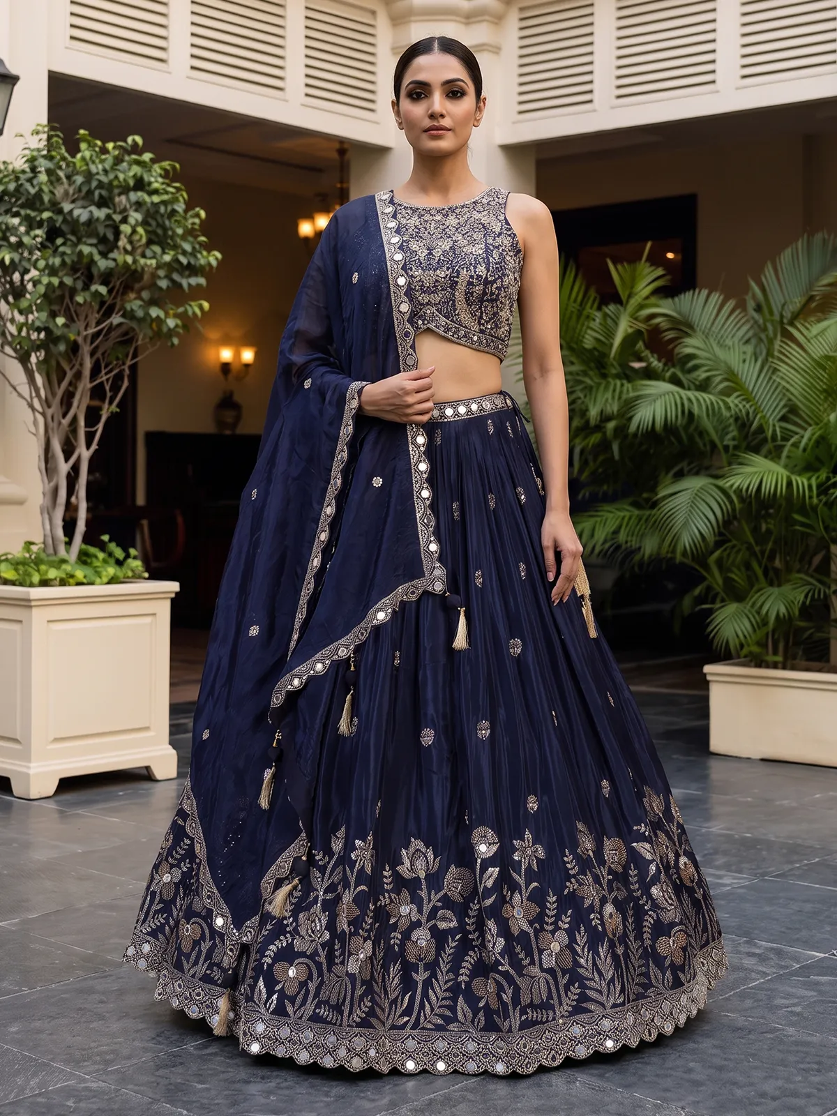 Navy blue embellished silk wedding lehenga choli...