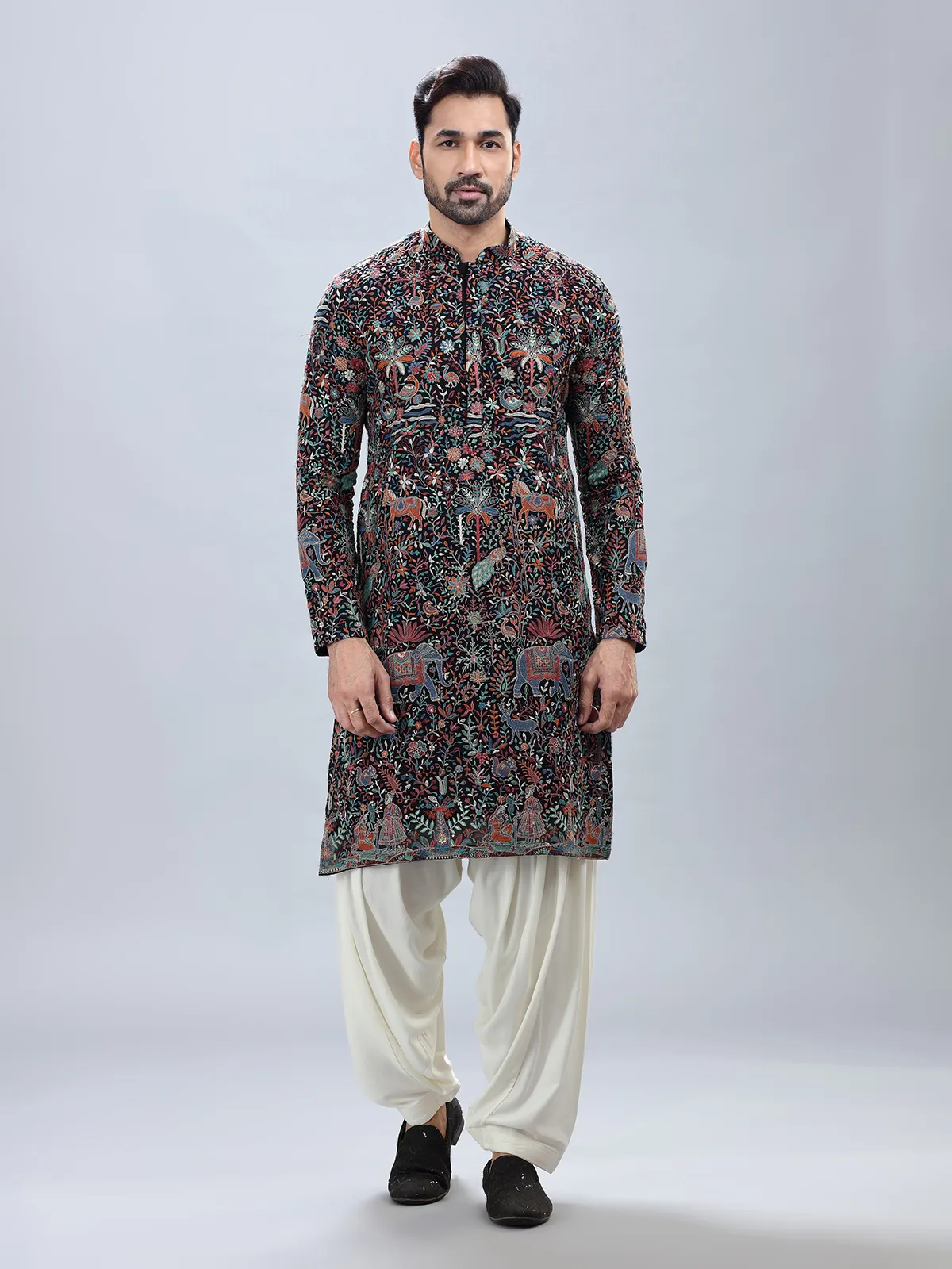 Navy georgette embroidery kurta set for men-G3-MKS5761 | United States