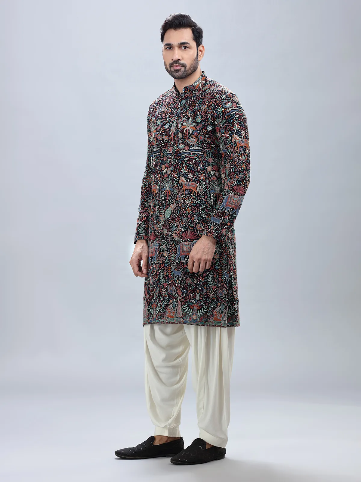 Navy georgette embroidery kurta set for men-G3-MKS5761
