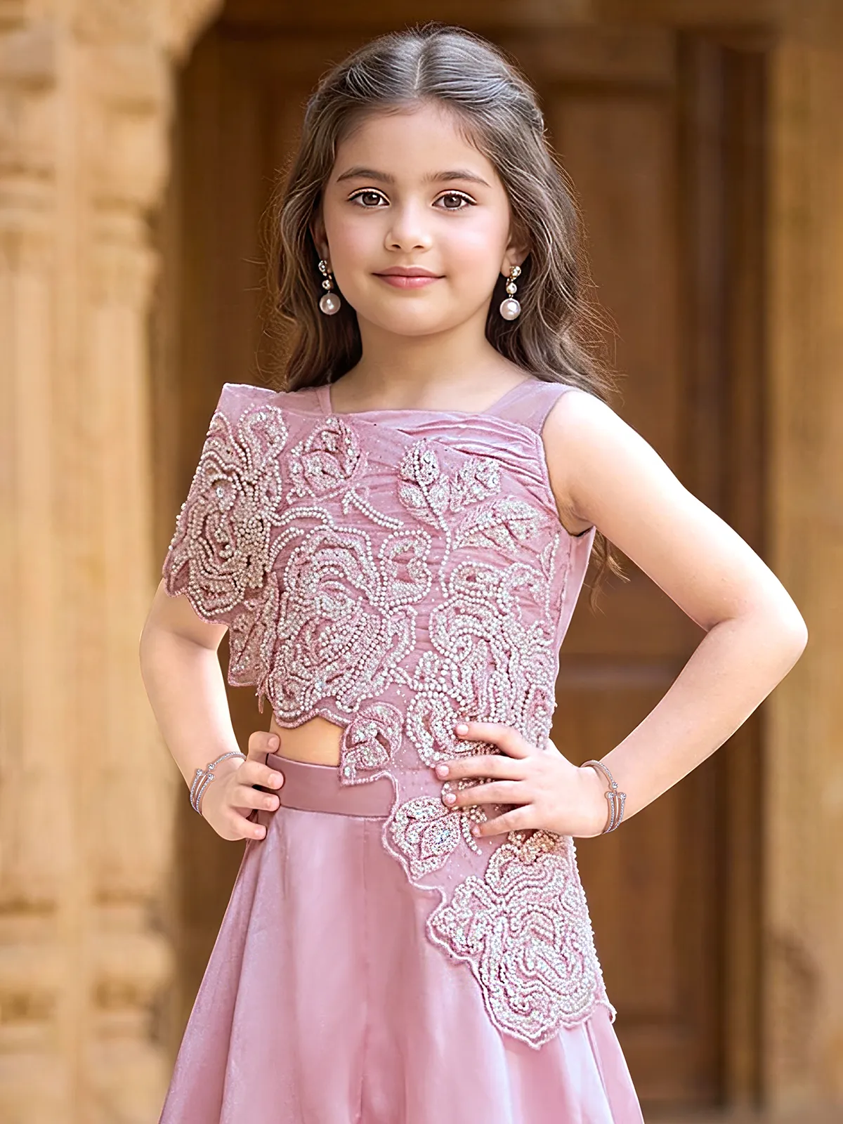 Onion pink embroidered fusion palazzo suit with drape-G3-GSS3694