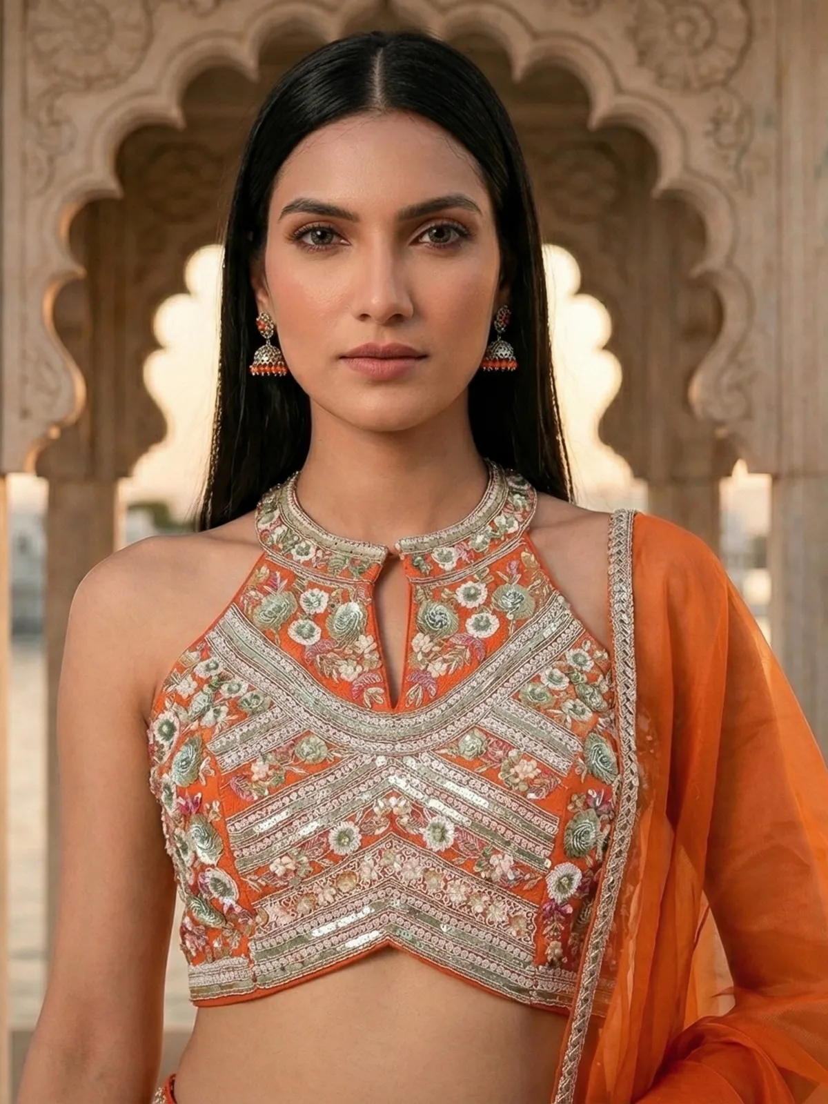 Orange satin silk pearl work festive palazzo suit-G3-WSS45493