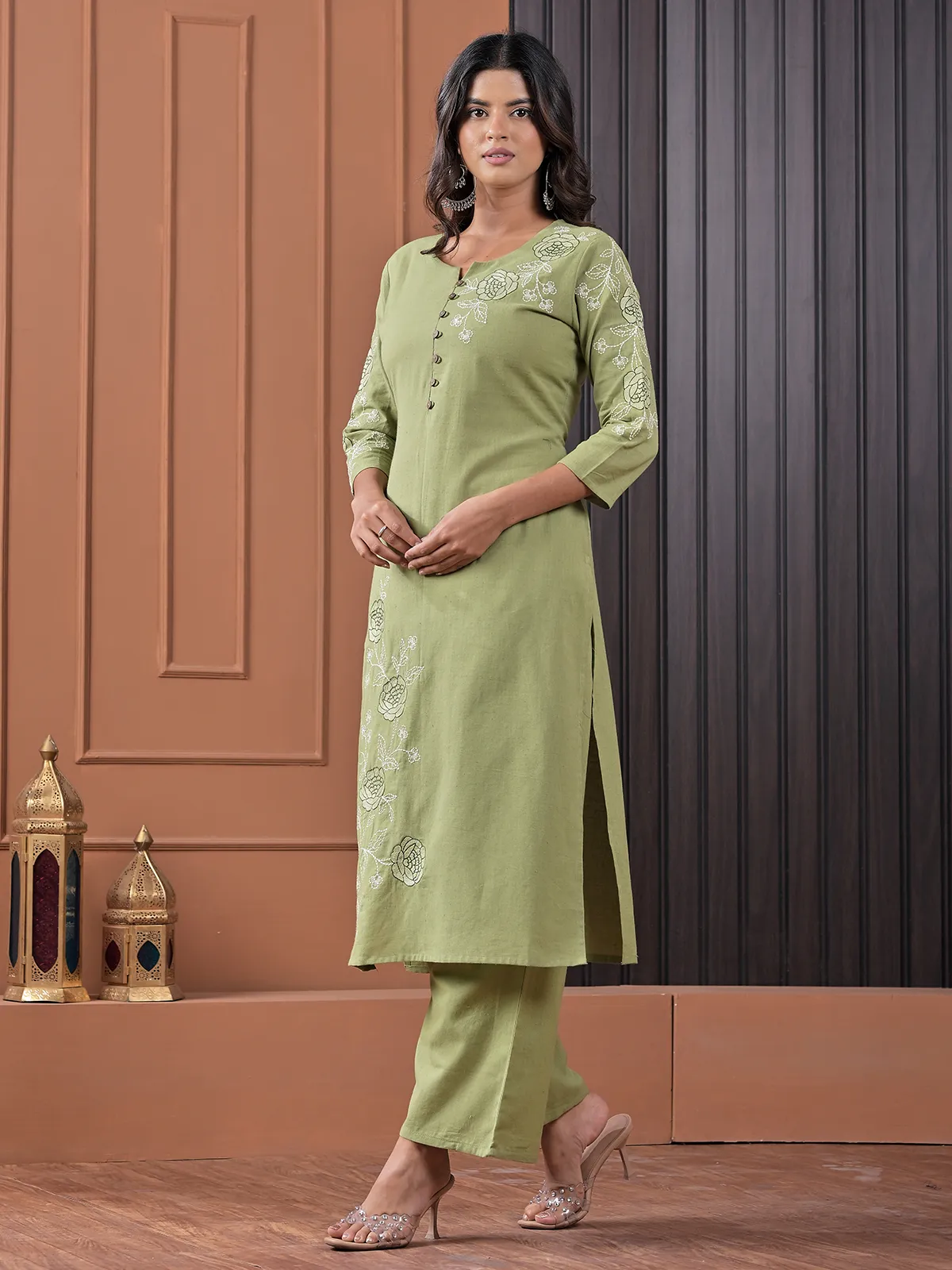 Pista green cotton embroidered kurti pant set-G3-WKS1106 | United...