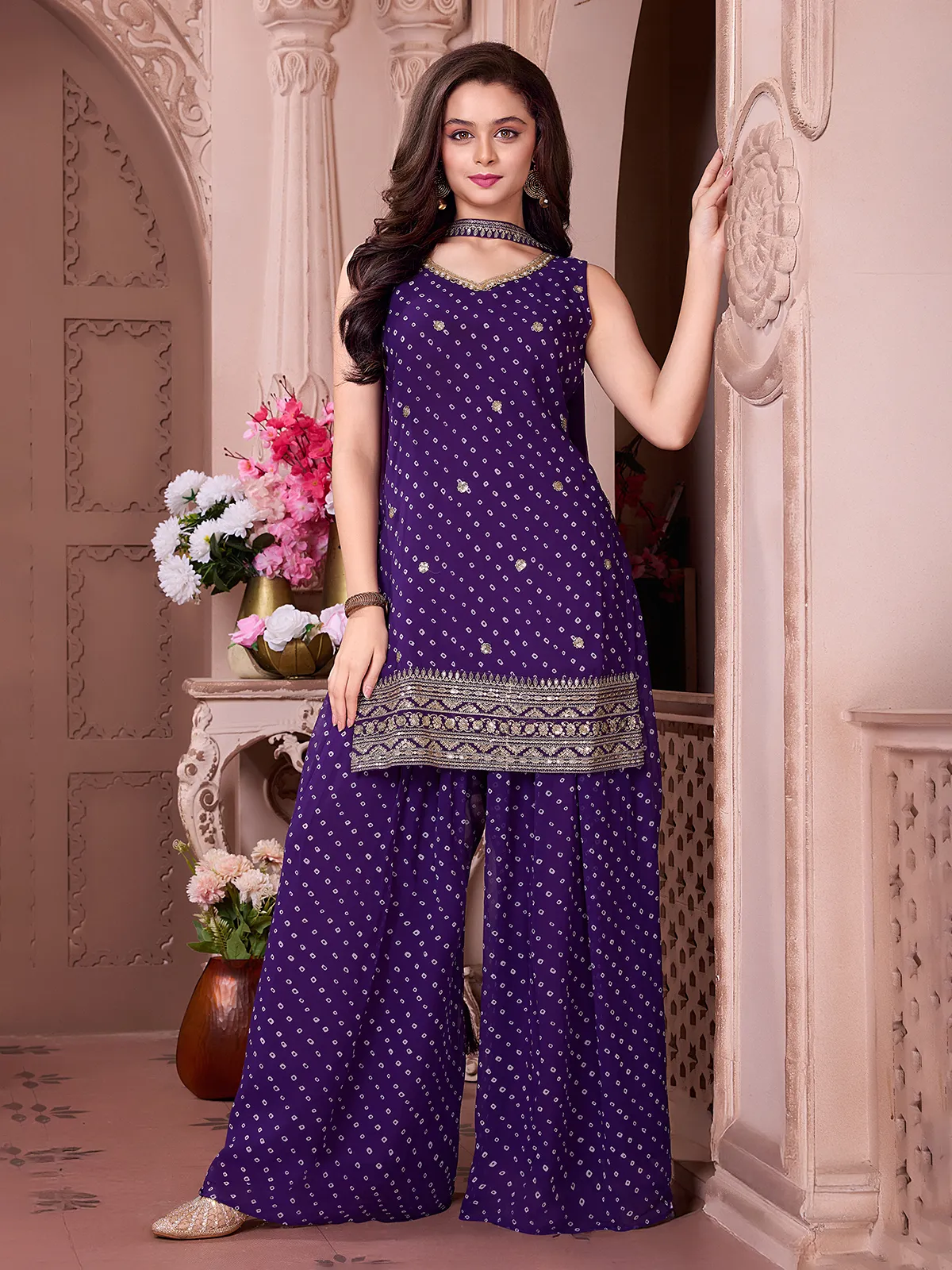 Purple bandhani printed georgette palazzo set with...