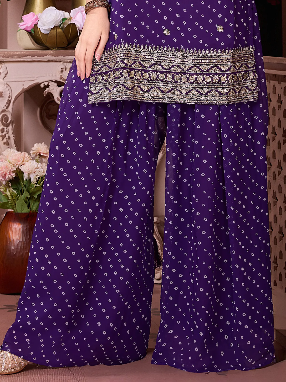 Purple bandhani printed georgette palazzo set with...