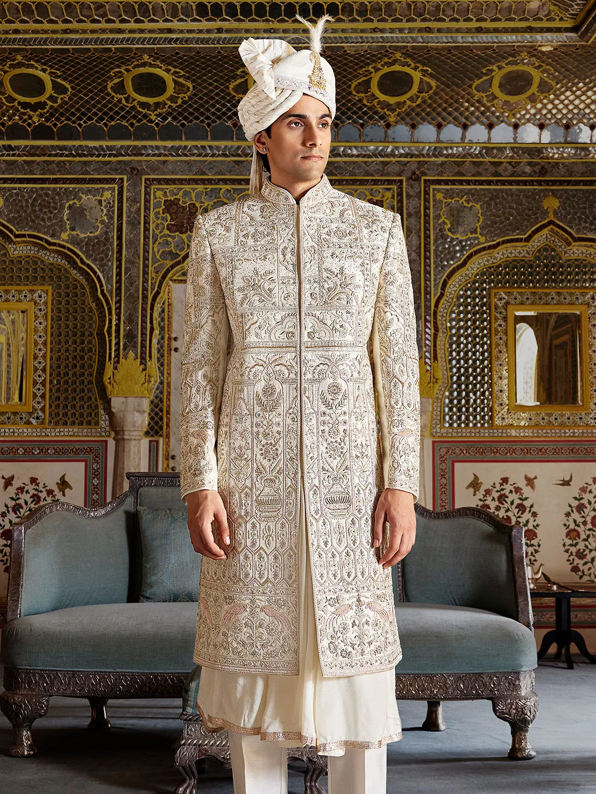Wedding style royal cream premium sherwani for groom-G3-MSH8175