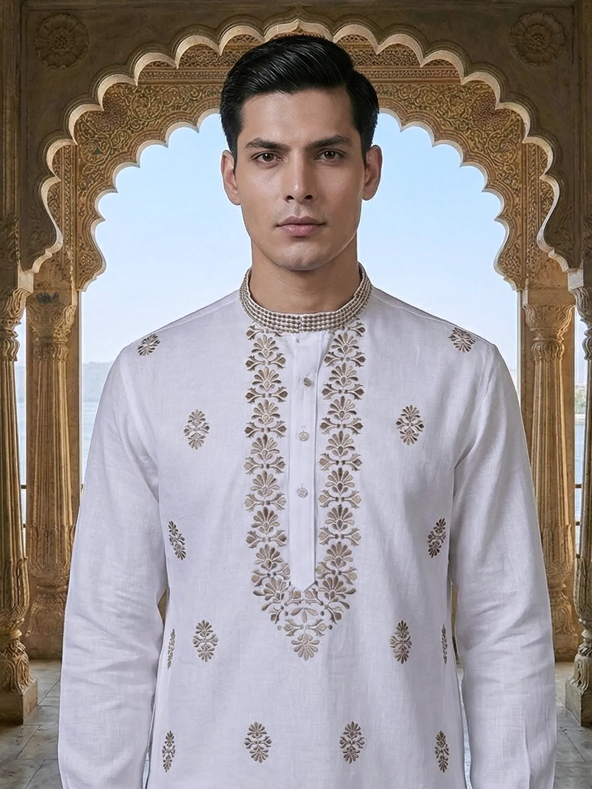 White linen embroidered elegant wedding festive kurta-G3-MSP01494...