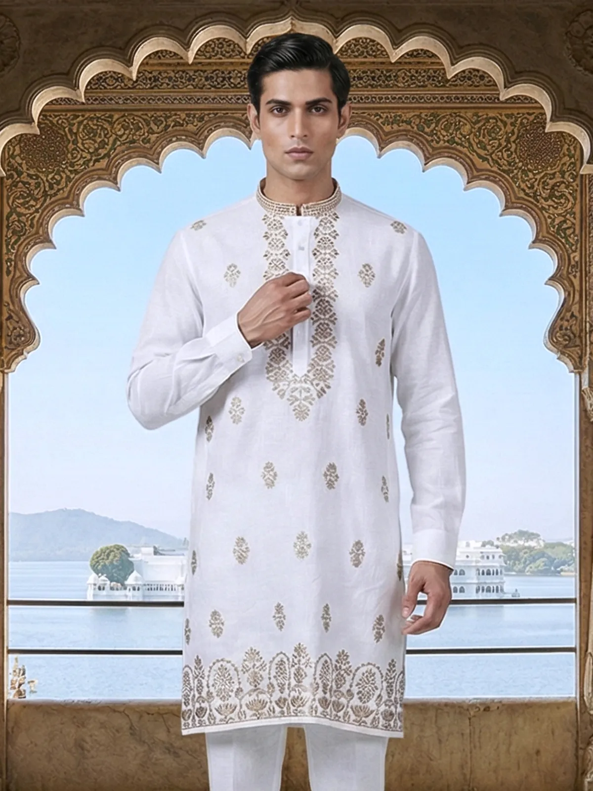 White linen embroidered elegant wedding festive kurta-G3-MSP01494...