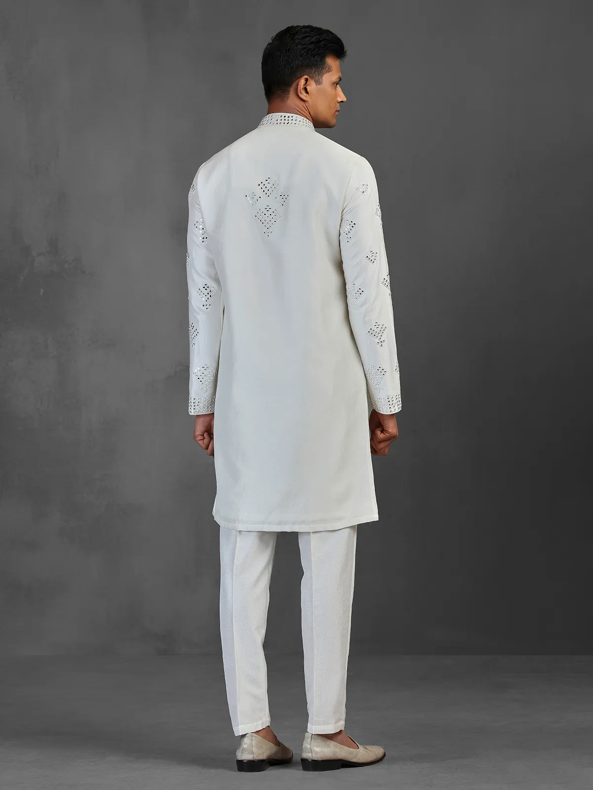 White silk wedding wear kurta suit with mirror work-G3-MKS7147
