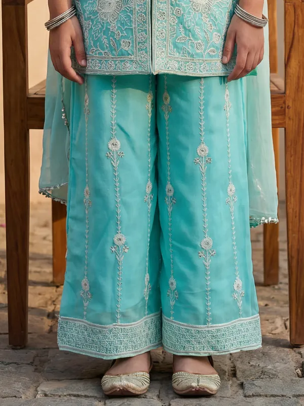 Aqua blue cotton silk palazzo suit with dupatta-G3-GSS3607