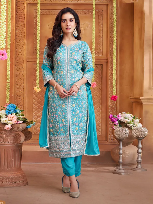 Aqua blue pakistani style silk salwar suit-G3-WSS44947