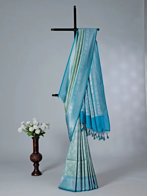 Aqua blue semi banarasi silk zari work saree-G3-WSA61555 | Canada