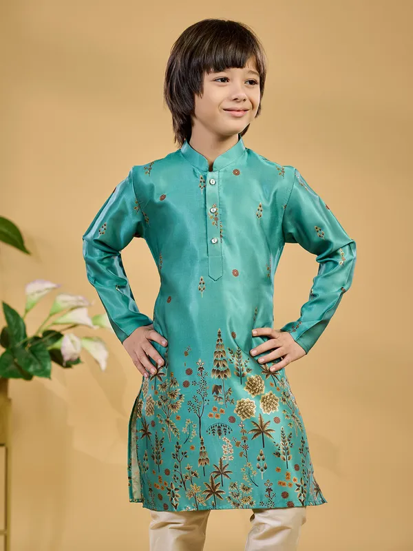 Aqua printed silk kurta suit for boys-G3-BKS2933 | United Kingdom