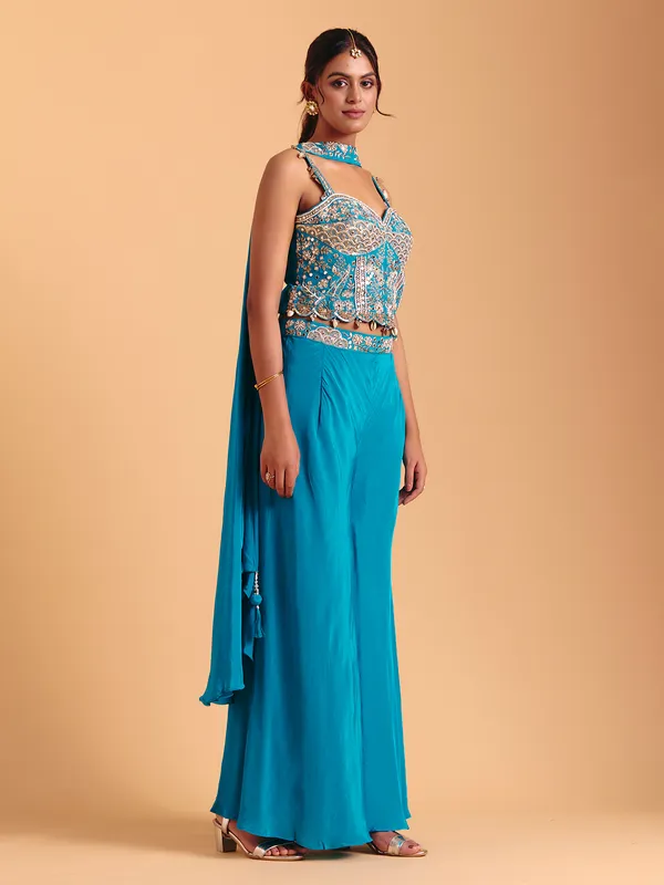 Aqua satin silk sleeveless palazzo suit with dupatta-G3-WSS44710