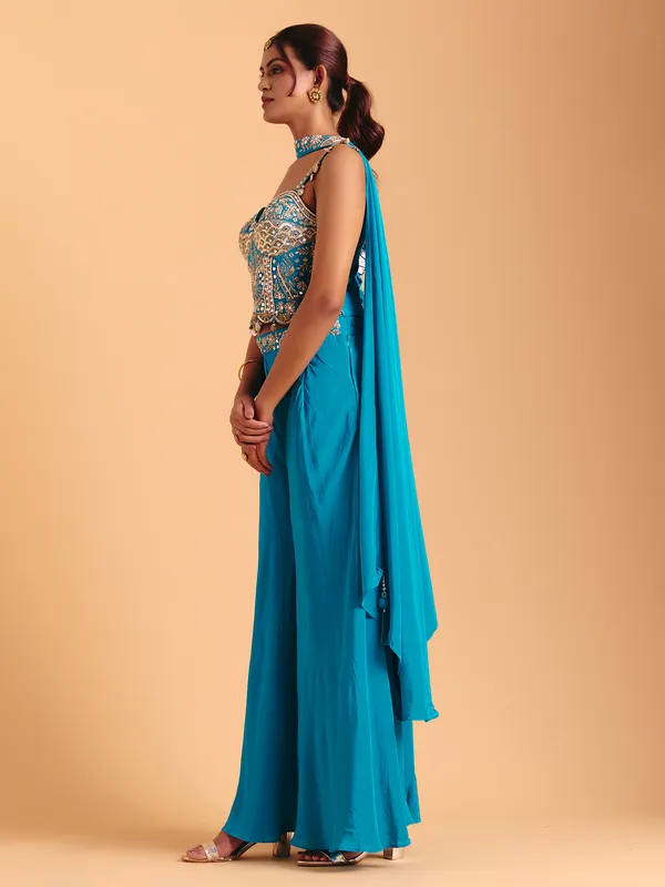 Aqua satin silk sleeveless palazzo suit with dupatta-G3-WSS44710