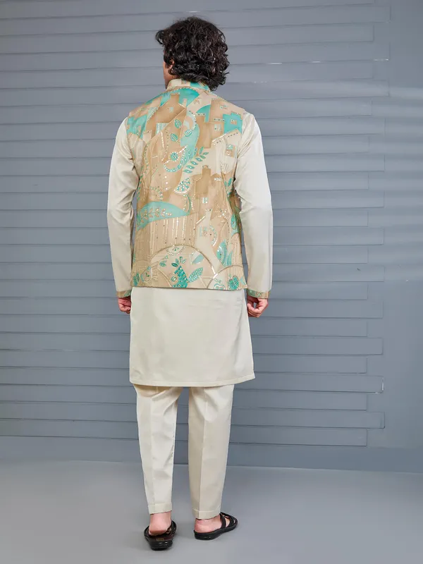 Beige printed silk festive wear waistcoat set-G3-MWCS528