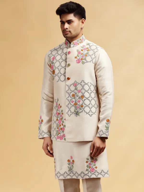 Beige silk thread worked waistcoat set for wedding-G3-MWCS478