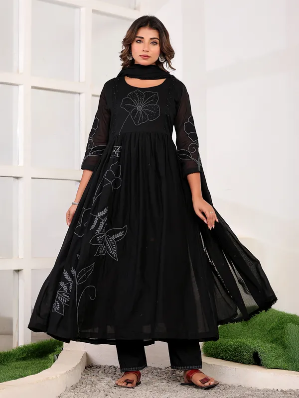 Black cotton silk kurti set with with dupatta for...