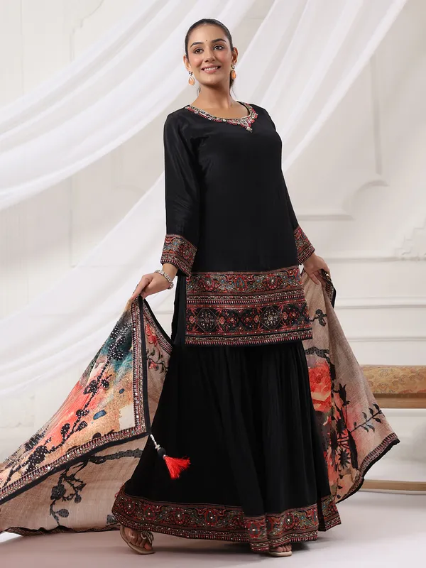 Black crepe silk sharara set with mirror detailing-G3-WKS657