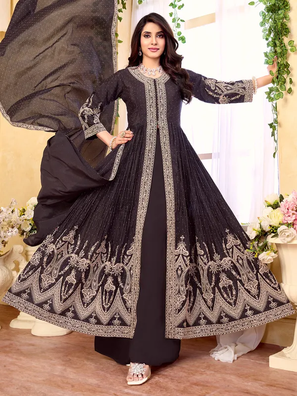 Black silk pakistani style palazzo suit-G3-WSS44755 | Australia