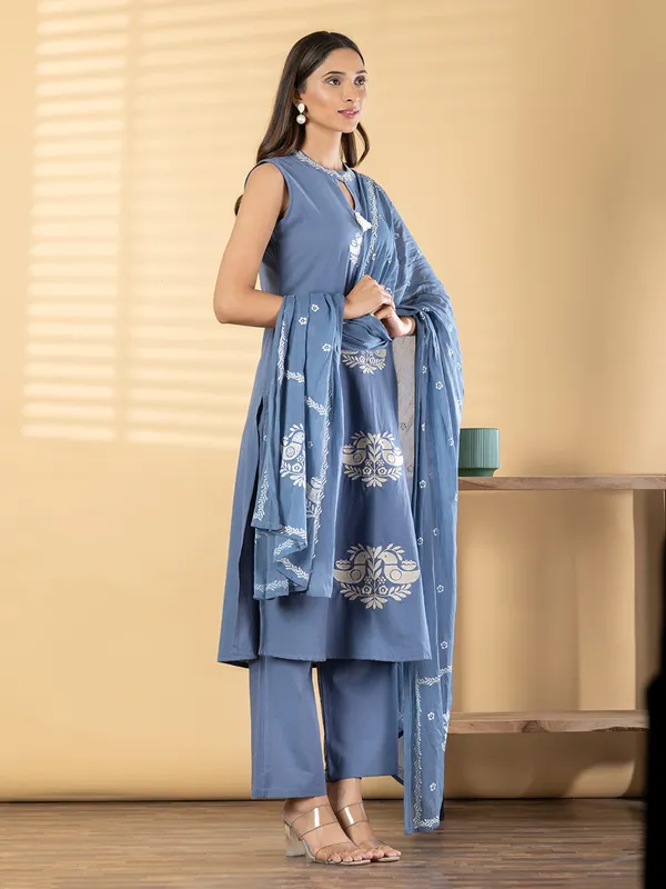 Blue cotton silk bird embroidery festive kurti set-G3-WKS1122
