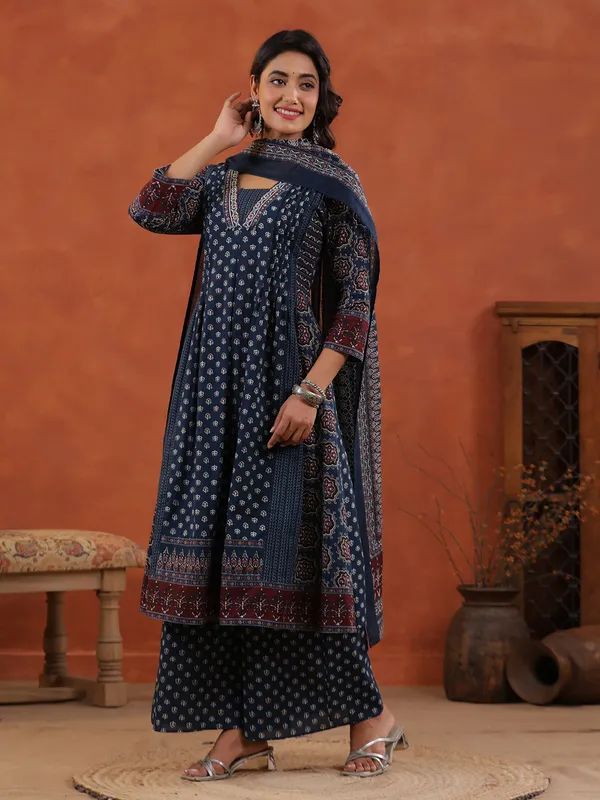Blue printed cotton kurti set for festive wear-G3-WKS1030 | Canada