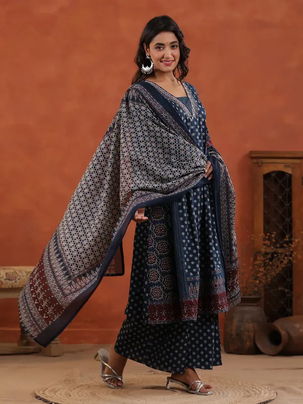 Blue printed cotton kurti set for festive wear-G3-WKS1030 | Canada