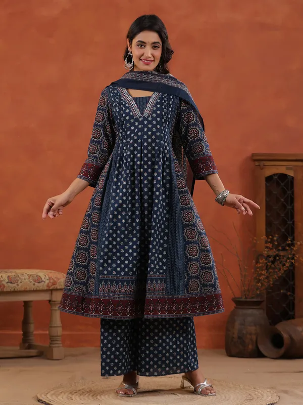 Blue printed cotton kurti set for festive wear-G3-WKS1030 | Canada