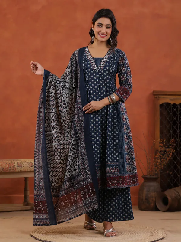 Blue printed cotton silk kurti set with dupatta-G3-WKS900 | United...