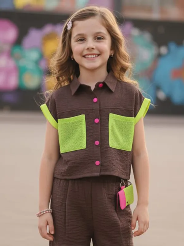 Brown cotton co-ord set with dual-pocket shirt style-G3-GCC216