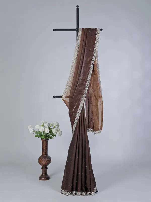 Brown semi tissue silk saree with zardosi diamond...