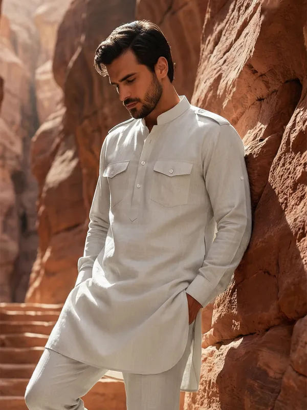 Cream elegant mandarin collar pathani suit-G3-MPS4304 | Australia