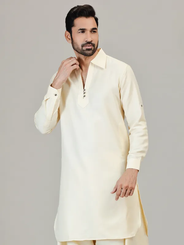 Cream festive wear cotton silk pathani kurta suit-G3-MPS4322