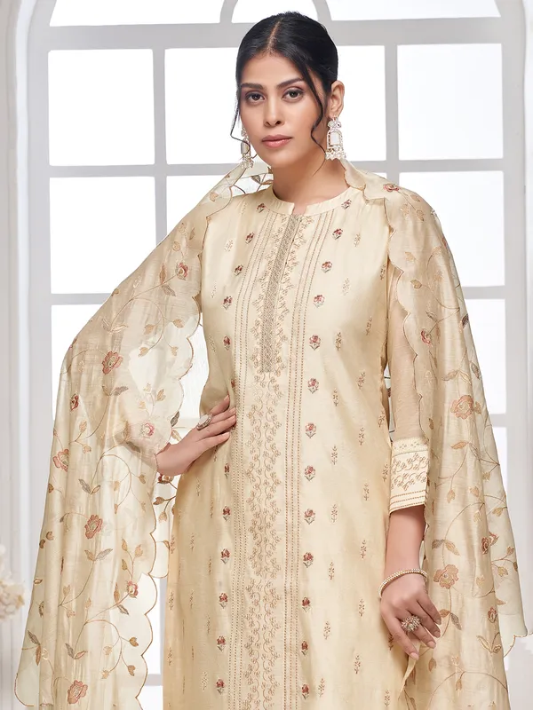 Cream linen embroidered suit with dupatta for weddings-G3-WSS44510...