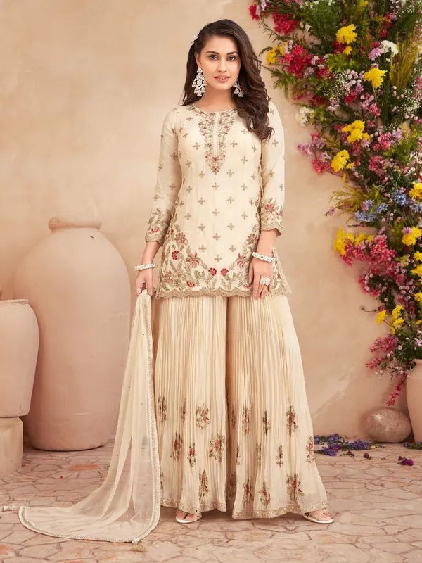 Cream silk palazzo suit for festive celebration-G3-WSS44734