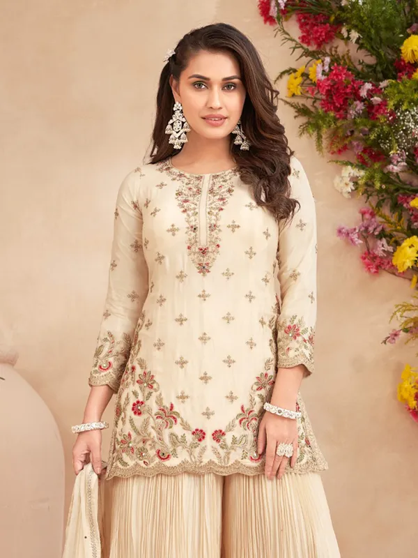 Cream silk palazzo suit for festive celebration-G3-WSS44734
