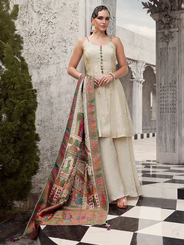 Cream silk palazzo suit with regal zari weaving glow-G3-WSS44622