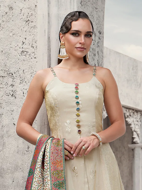 Cream silk palazzo suit with regal zari weaving glow-G3-WSS44622